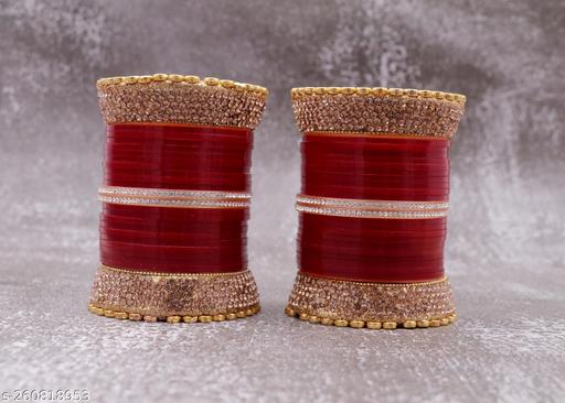 Navjai Bridel Punjabi Choora Golden Kada with Red Acrylic Churiya & St ...